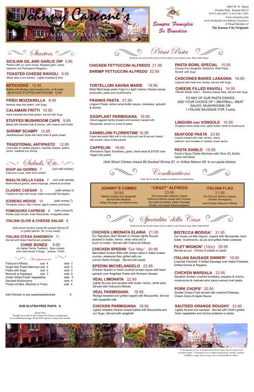 Johnny Cascone's Italian Restaurant menu in Overland Park, Kansas, USA