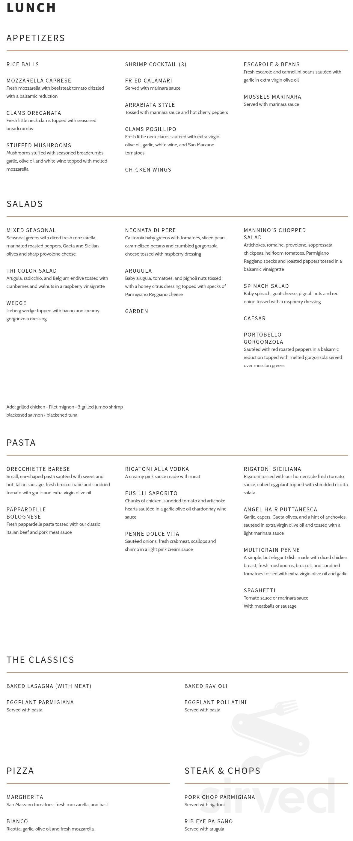 Mannino's Restaurant + Lounge menu in Oakdale, New York, USA