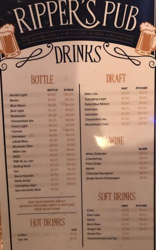 Ripper's Pub menu in Bethlehem, Pennsylvania, USA
