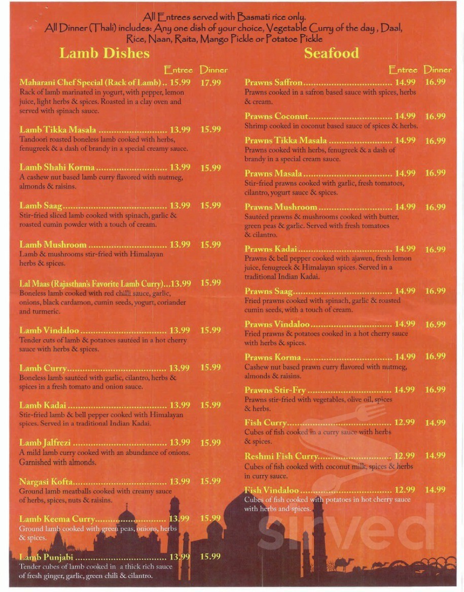 Maharani India Restaurant menu in Elk Grove, California, USA