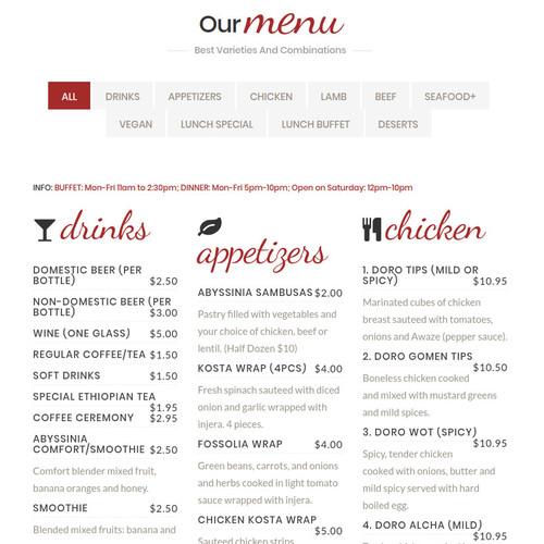 Abyssinia menu in Louisville, Kentucky, USA