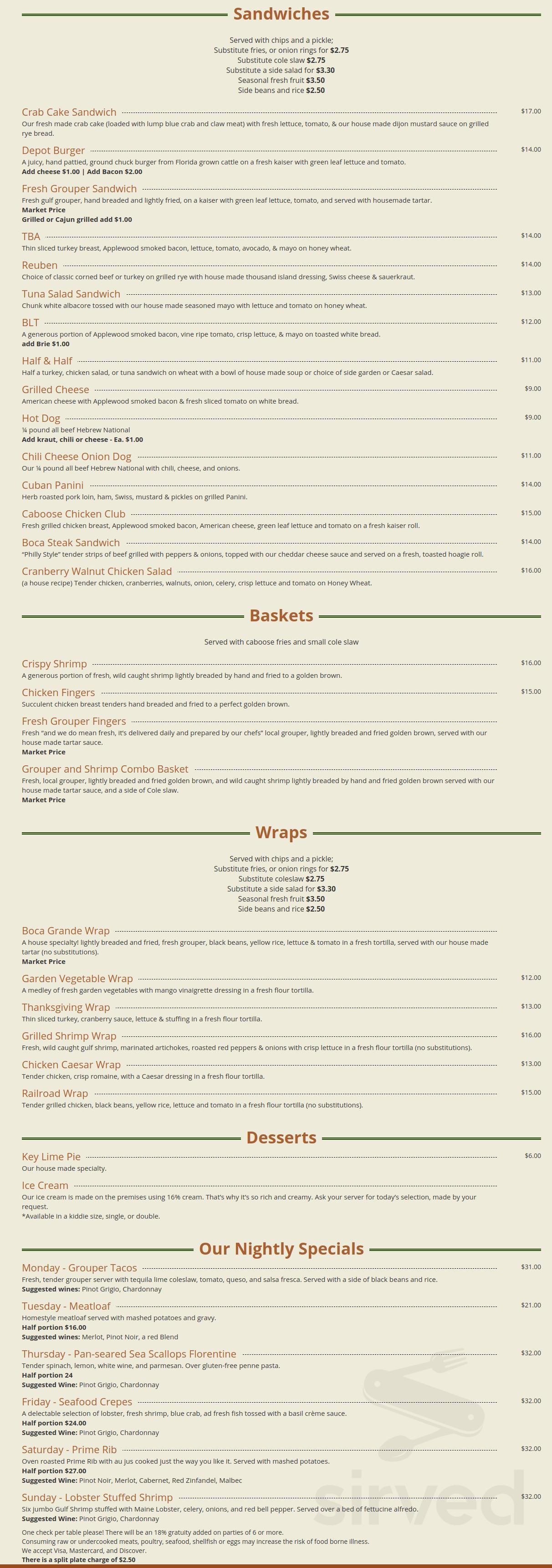 Keylime Bistro Boca Grande & The Loose Caboose Ice Cream Sho menu in ...