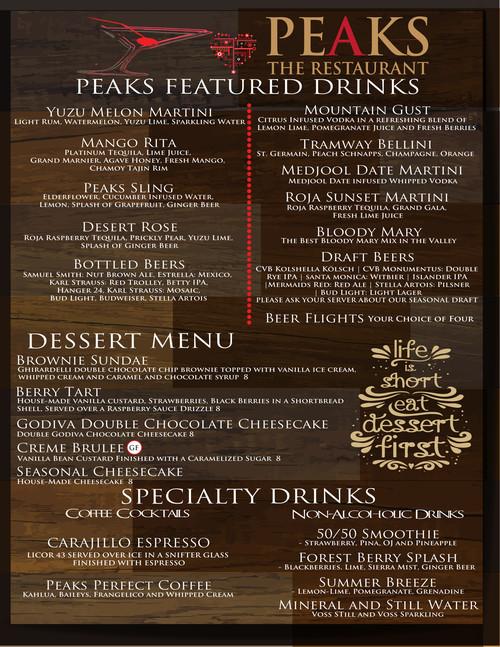 Peaks Restaurant menu in Palm Springs, California, USA