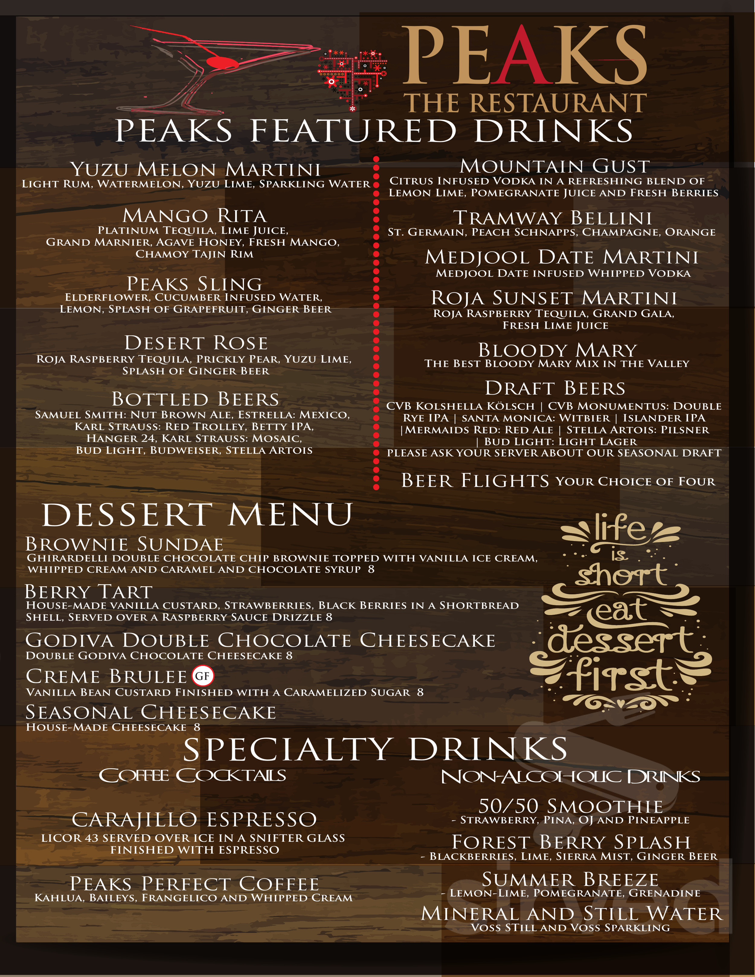 Peaks Restaurant menu in Palm Springs, California, USA