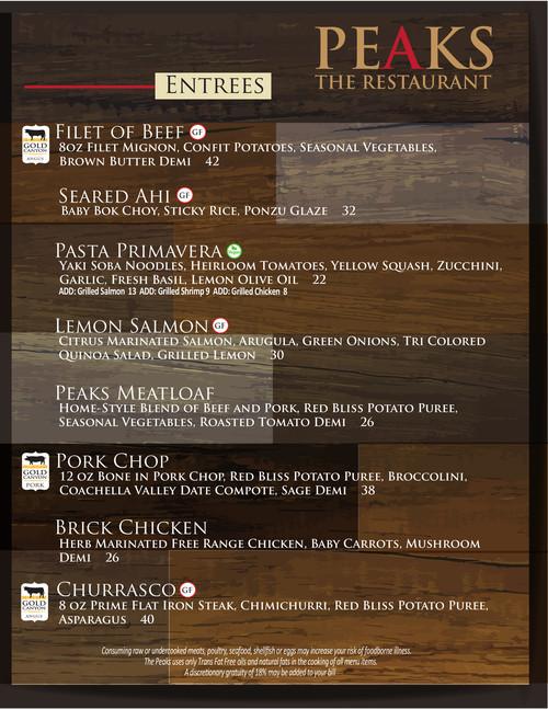 Peaks Restaurant menu in Palm Springs, California, USA