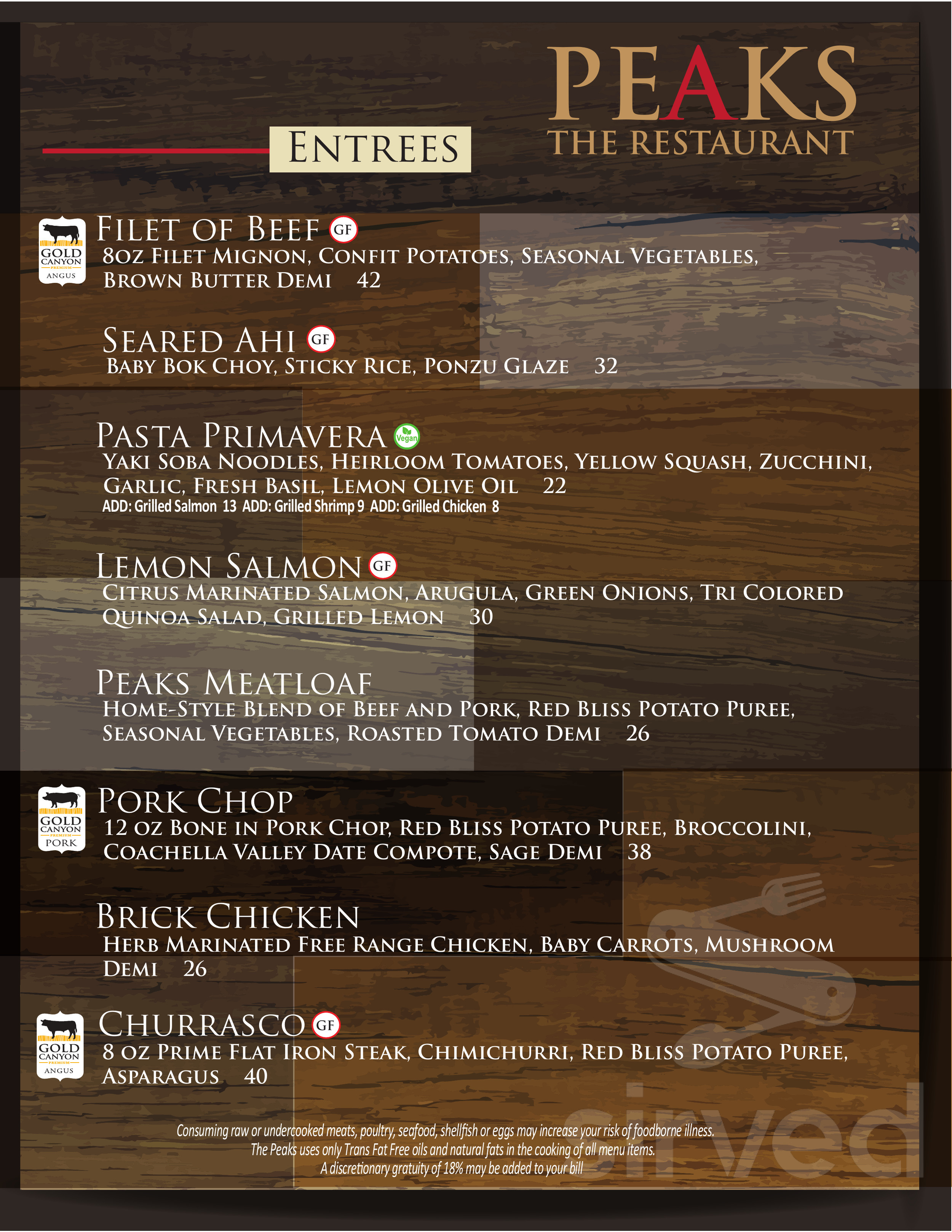 Peaks Restaurant menu in Palm Springs, California, USA