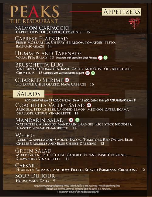 Peaks Restaurant menu in Palm Springs, California, USA