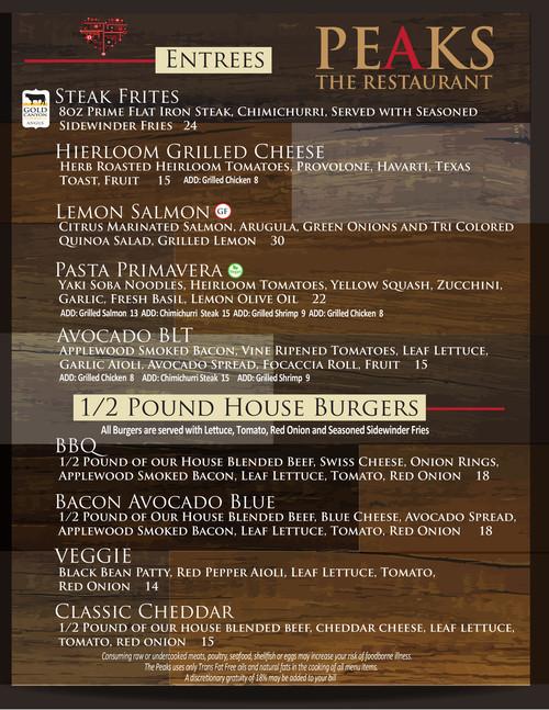 Peaks Restaurant menu in Palm Springs, California, USA