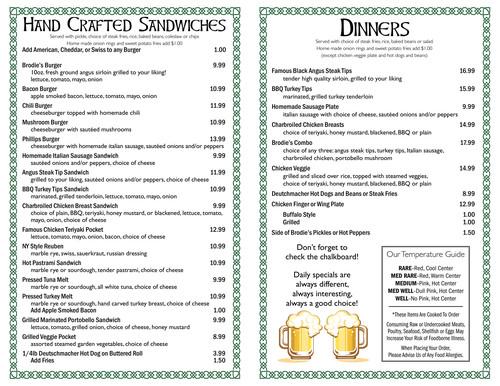 Brodie's Pub menu in Peabody, Massachusetts, USA