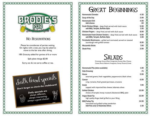 Brodie's Pub menu in Peabody, Massachusetts, USA