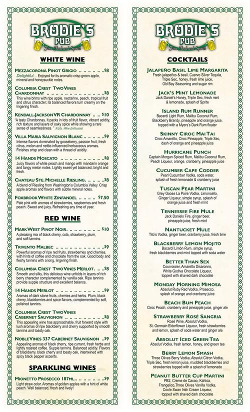 Brodie's Pub menu in Peabody, Massachusetts, USA