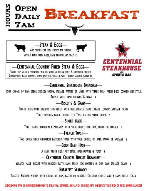 Centennial Steak House and Sports Bar menu in Springfield, Oregon, USA