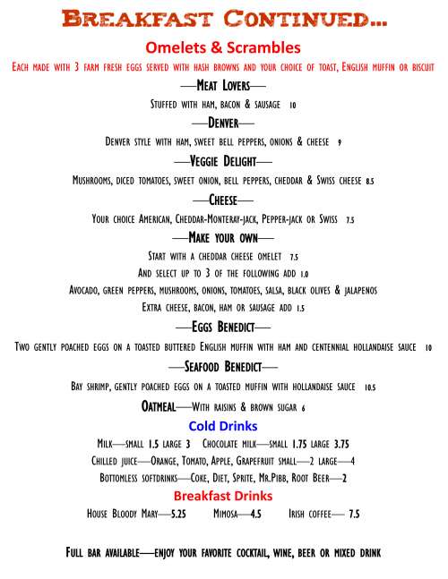 Centennial Steak House and Sports Bar menu in Springfield, Oregon, USA