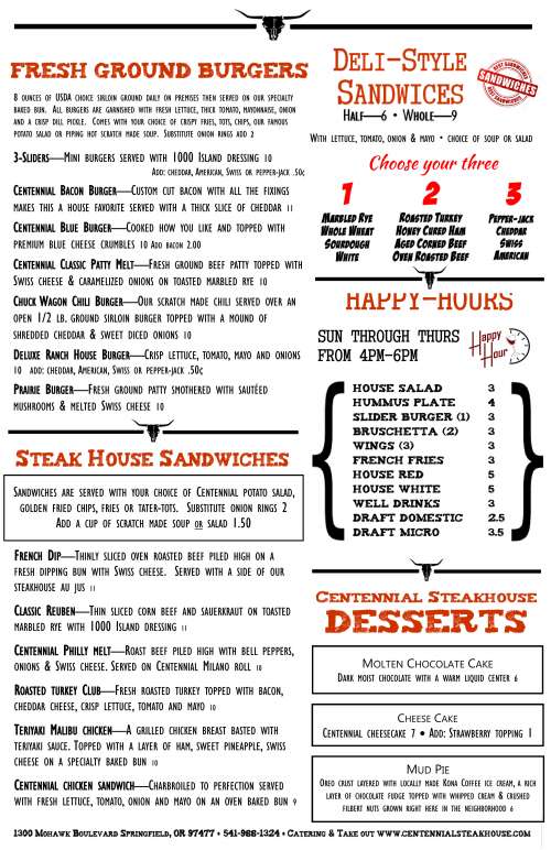 Centennial Steak House and Sports Bar menu in Springfield, Oregon, USA