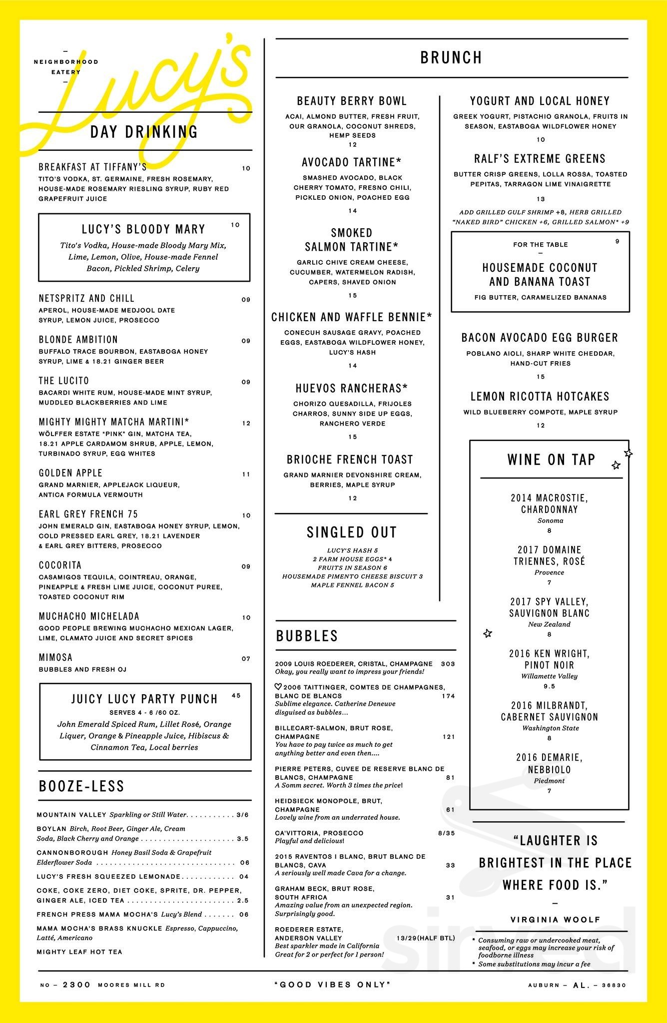 Lucy's menu in Auburn, Alabama, USA