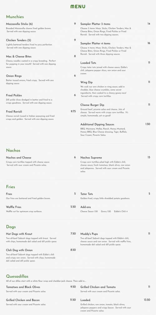 Muddy's Tavern menu in Watervliet, New York, USA