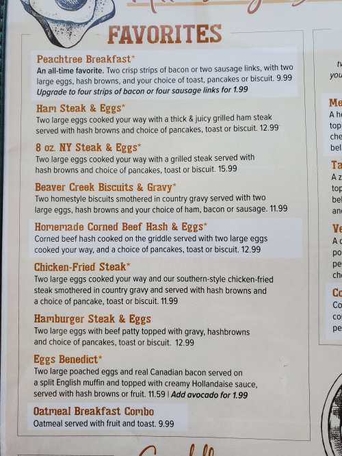 Peachtree Restaurant and pie house menu in Vancouver, Washington, USA