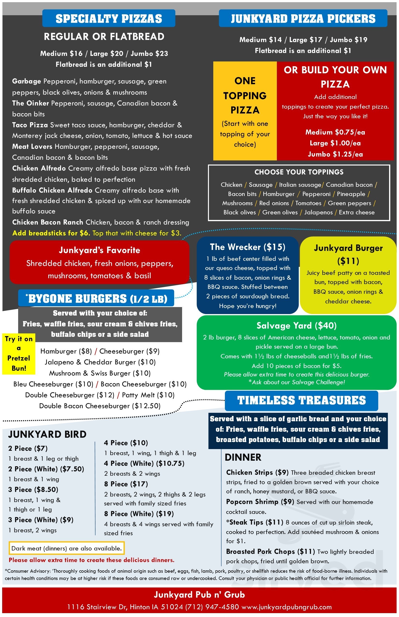 Junkyard Pub N Grub menus in Hinton, Iowa, United States