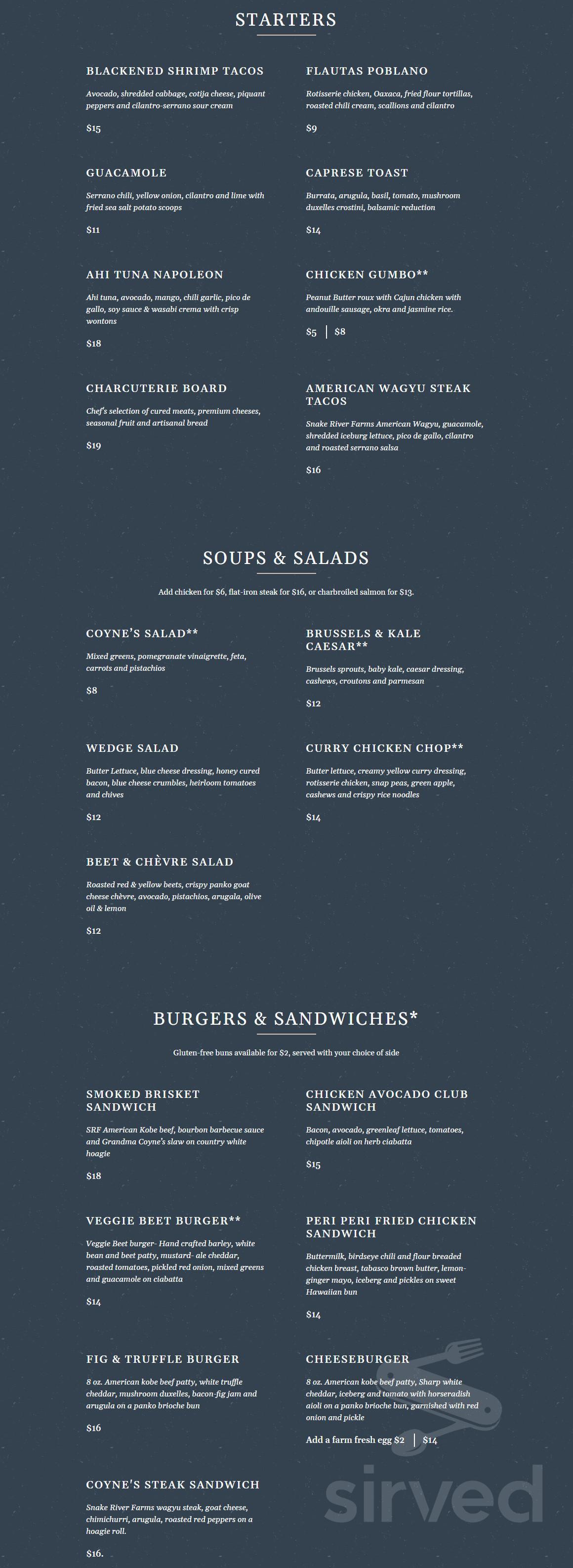 Coyne S Restaurant Bar Menu