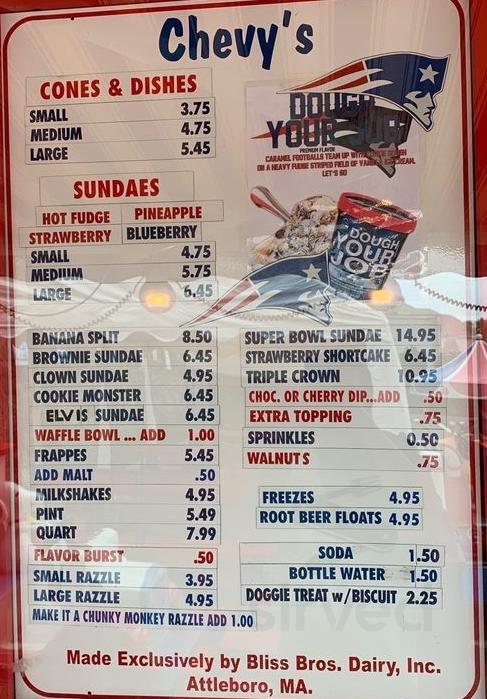 Chevy's Ice Cream menu in Bellingham, Massachusetts, USA