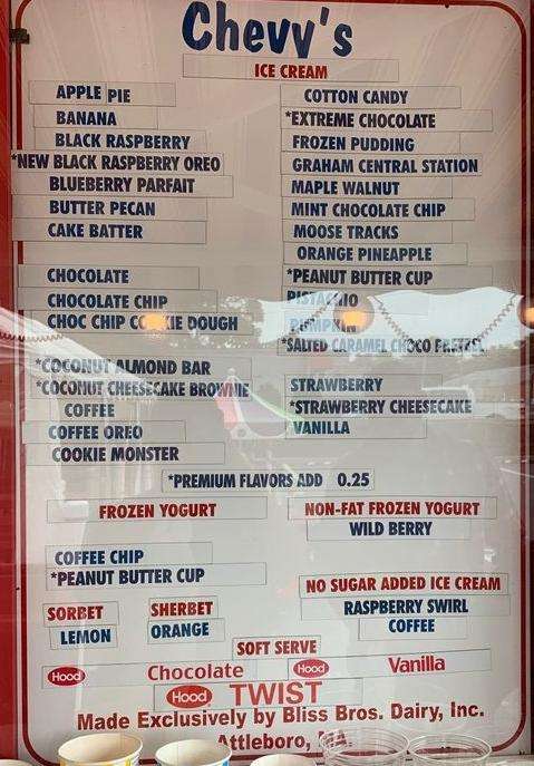 Chevy's Ice Cream menu in Bellingham, Massachusetts, USA