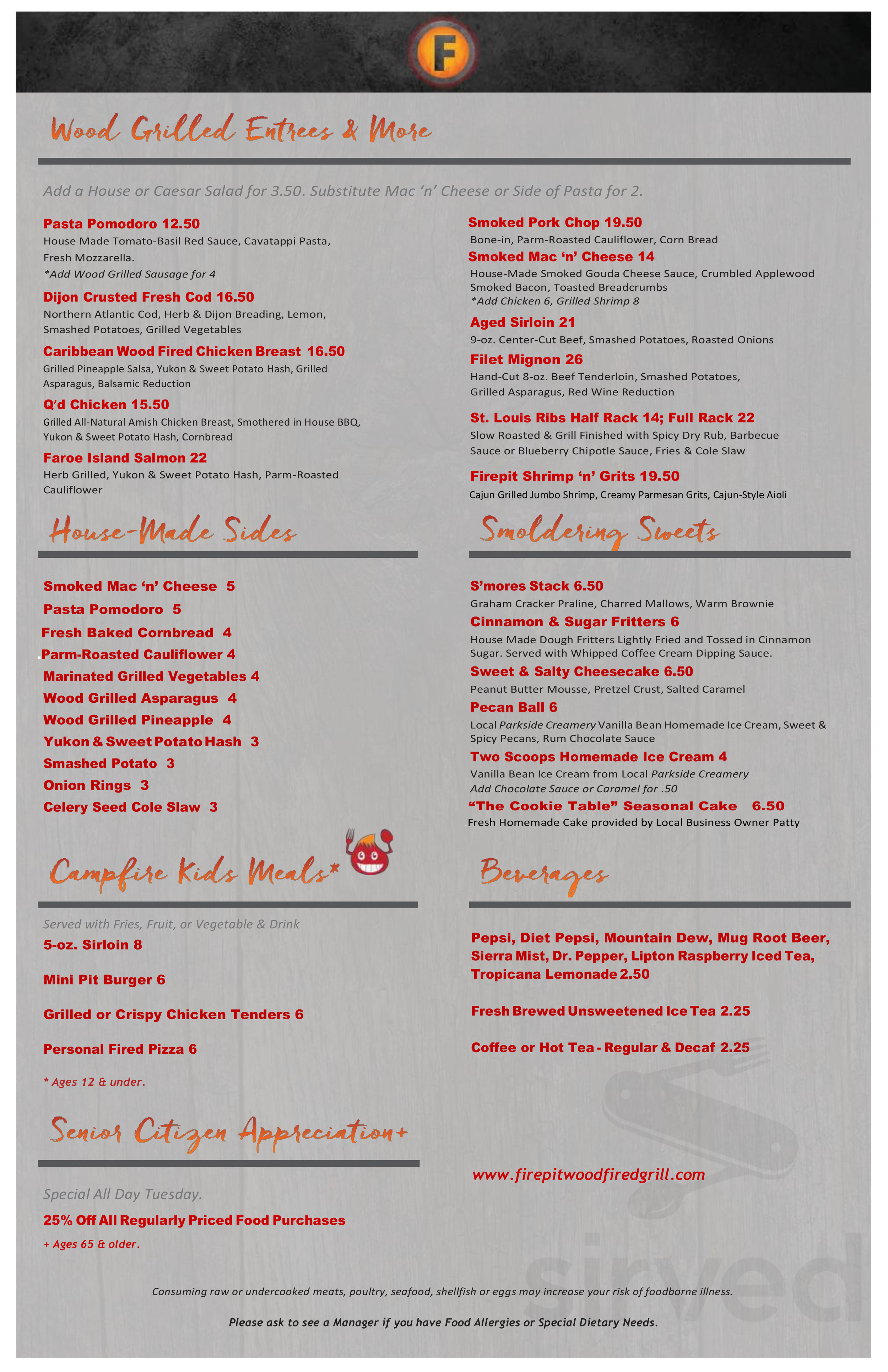 The Firepit Wood Fired Grill menu in Irwin, Pennsylvania, USA