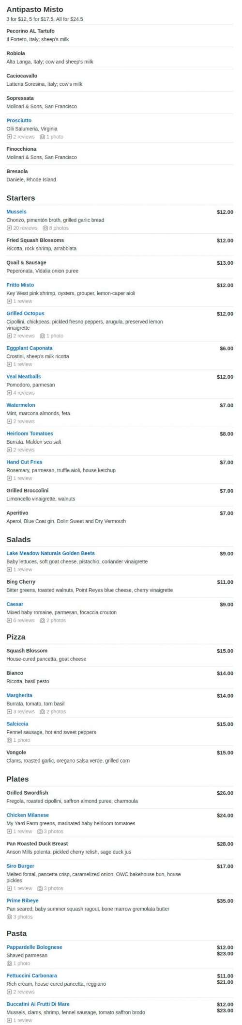 Siro Urban Italian Kitchen menu in Orlando, Florida, USA