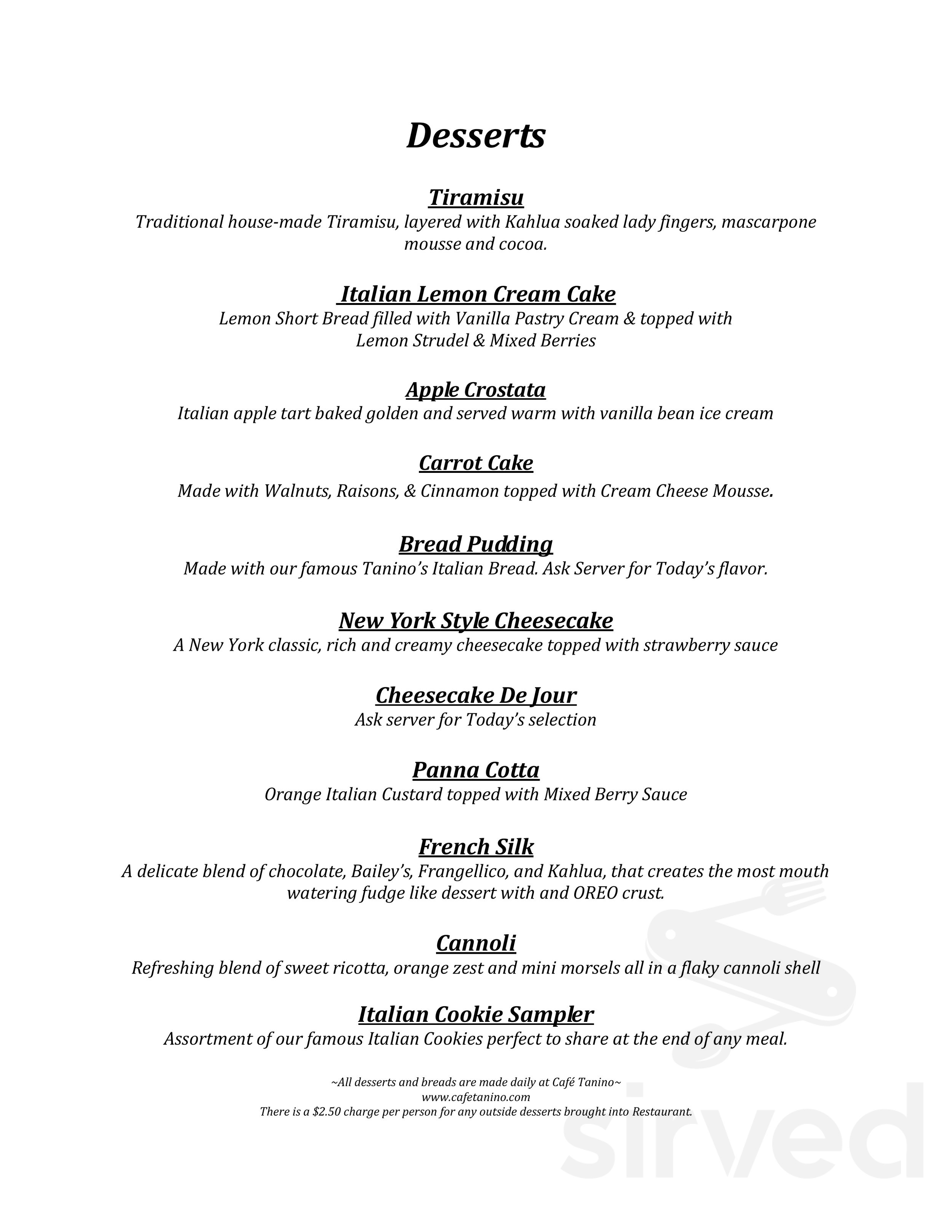 Tanino Ristorante Italiano menu in Horseheads, New York, USA