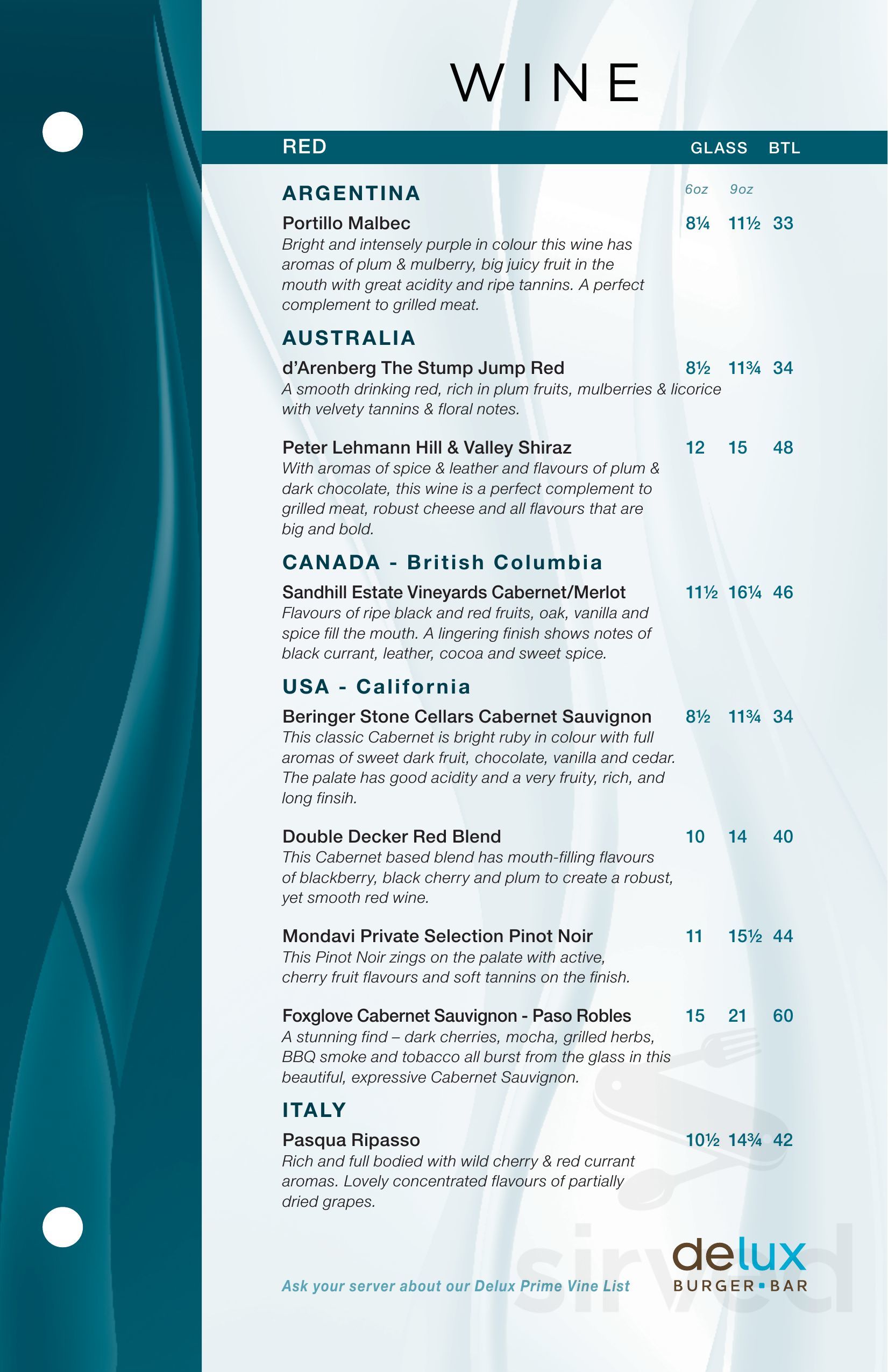 Delux Burger Bar menu in St. Albert, Alberta, Canada