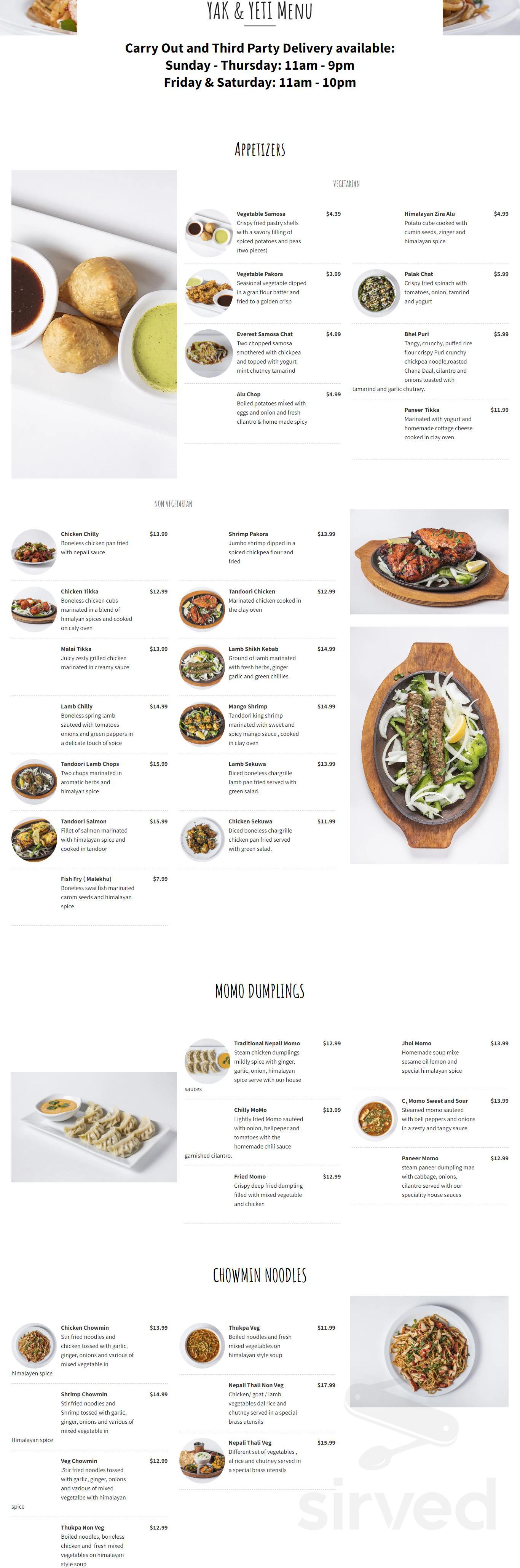 Yak & Yeti Himalayan Cuisine menu in Evansville, Indiana, USA