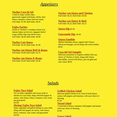 Casa Del Sol Mexican Restaurant menu in Mexico, Missouri, USA