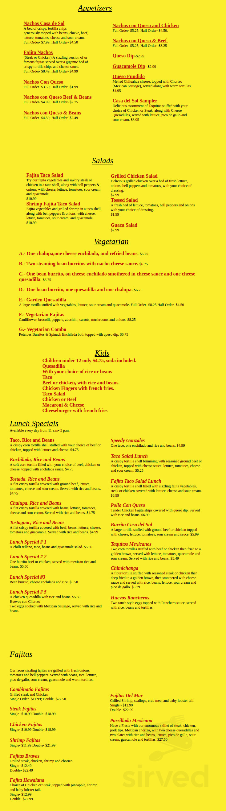 Menu - Mexico MO's Casa Del Sol Mexican Restaurant | Sirved