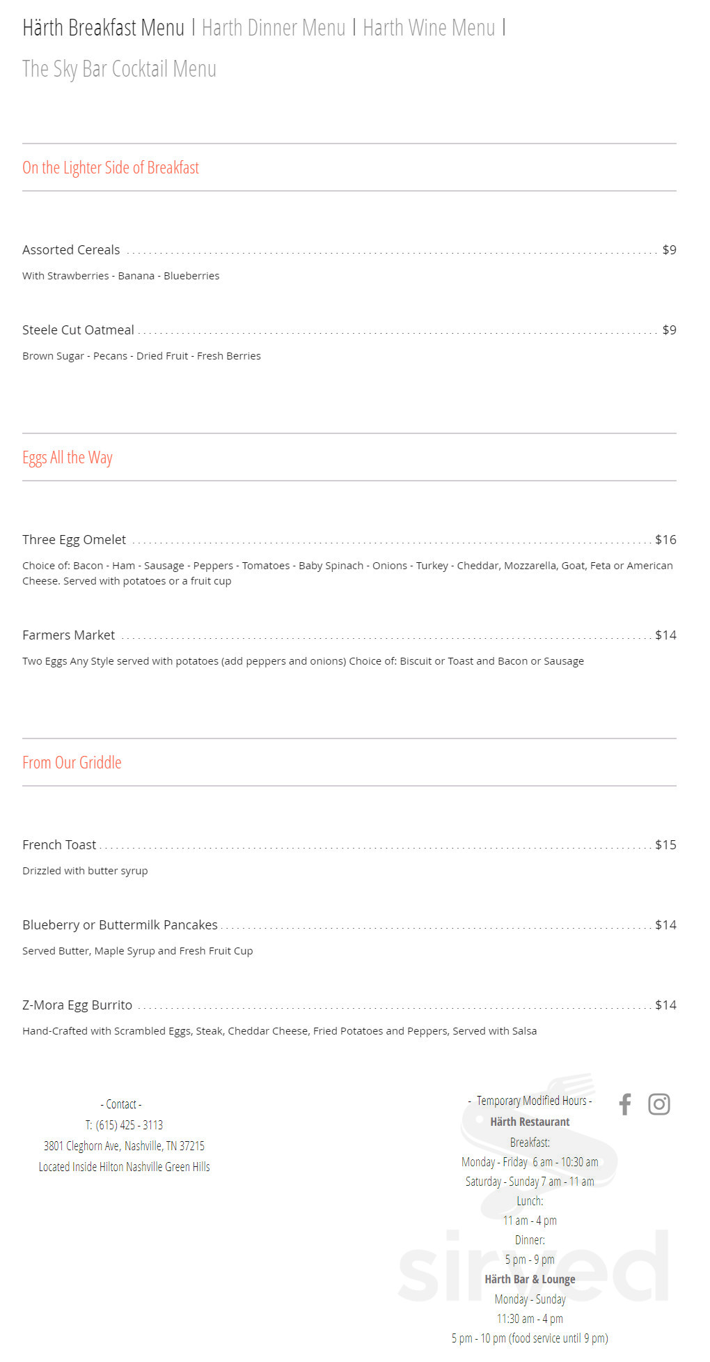 Menu for Harth in Nashville, Tennessee, United States