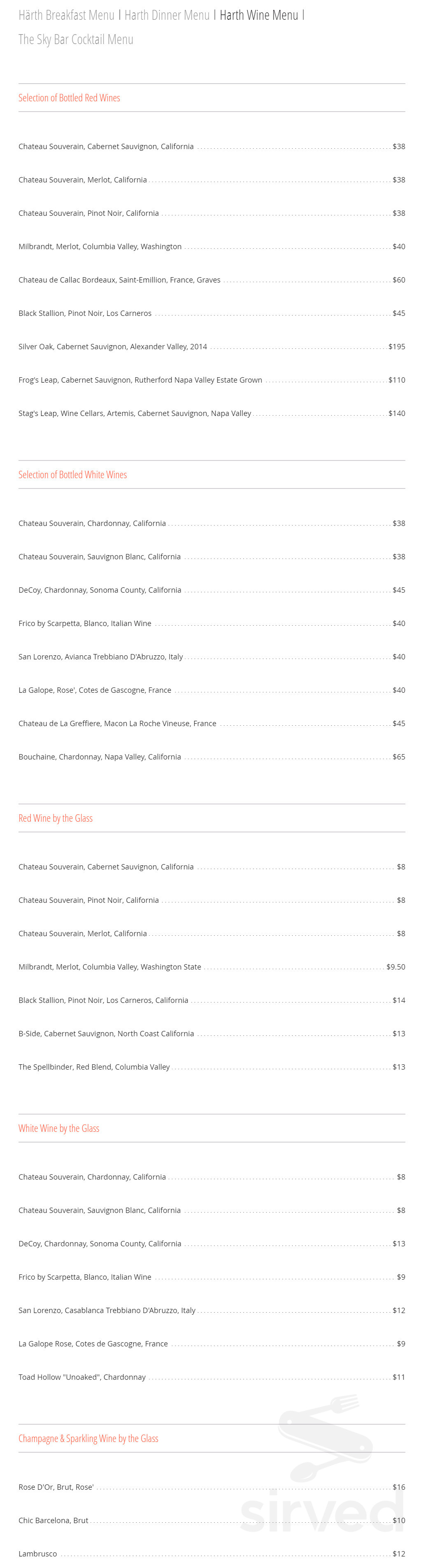 Menu for Harth in Nashville, Tennessee, United States