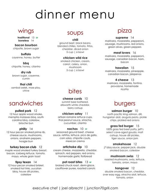 Junction 70 Grill menu in Cottage Grove, Minnesota, USA