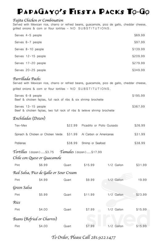 Papagayo's Mexican Bar & Grill menu in Houston, Texas, USA