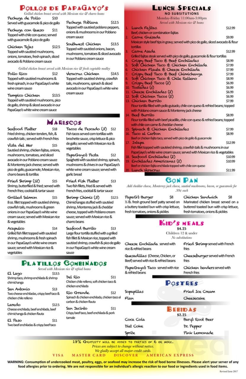 Menu - Houston TX's Papagayo's Mexican Bar & Grill | Sirved