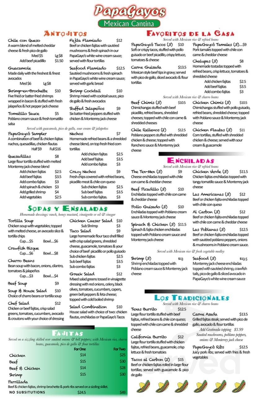 Menu - Houston TX's Papagayo's Mexican Bar & Grill | Sirved