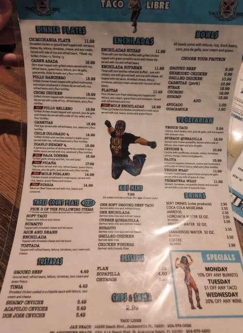 Taco Libre menu in St. Augustine, Florida, USA