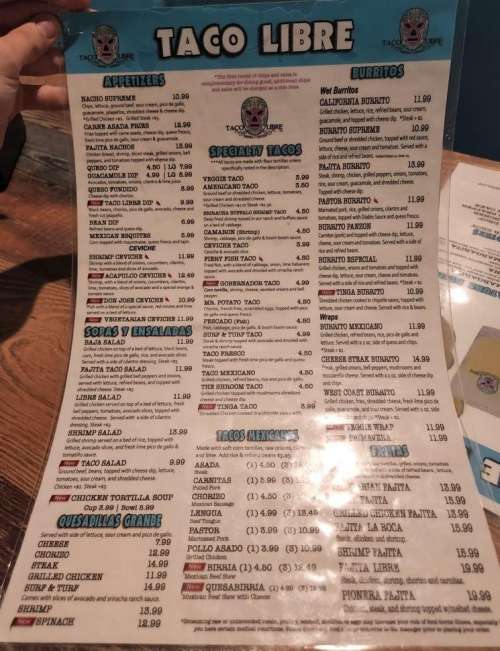 Taco Libre menu in St. Augustine, Florida, USA