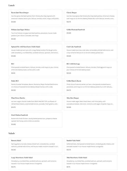 Lucy in the Rye menu in Sylva, North Carolina, USA