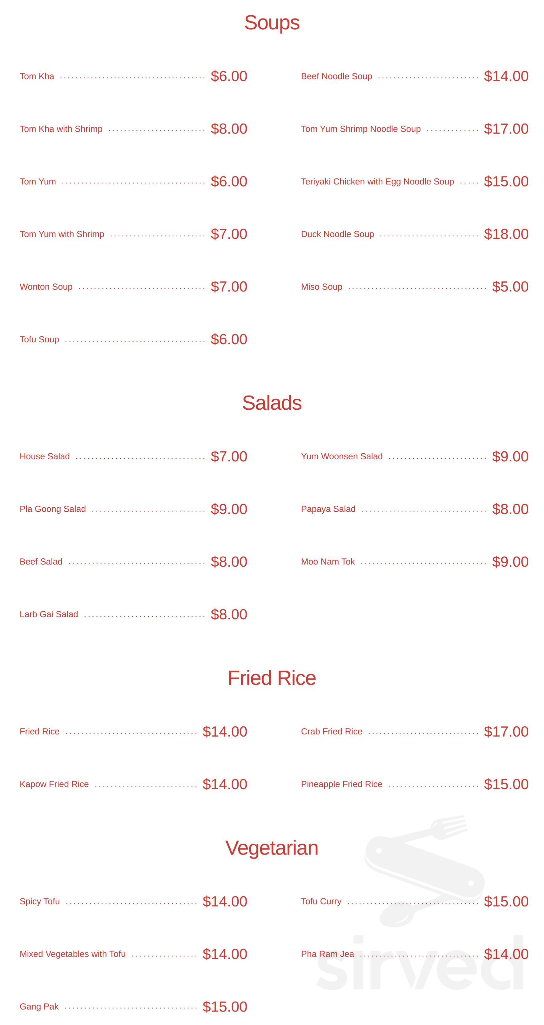 Thai Continental Cuisine menu in Roanoke, Virginia, USA
