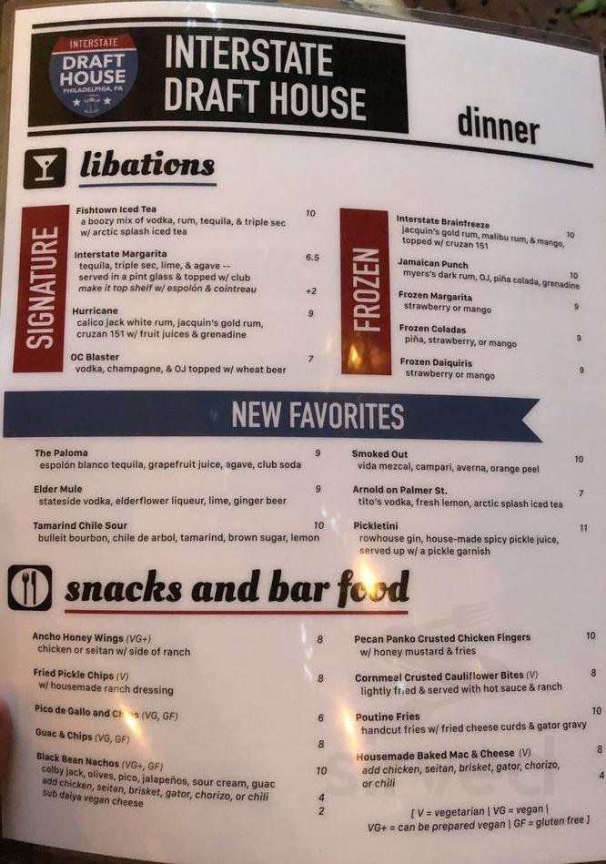 Menu - Philadelphia PA's Interstate Drafthouse | Sirved