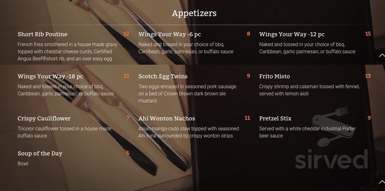 Tavern On Main menu in Crown Point, Indiana, USA