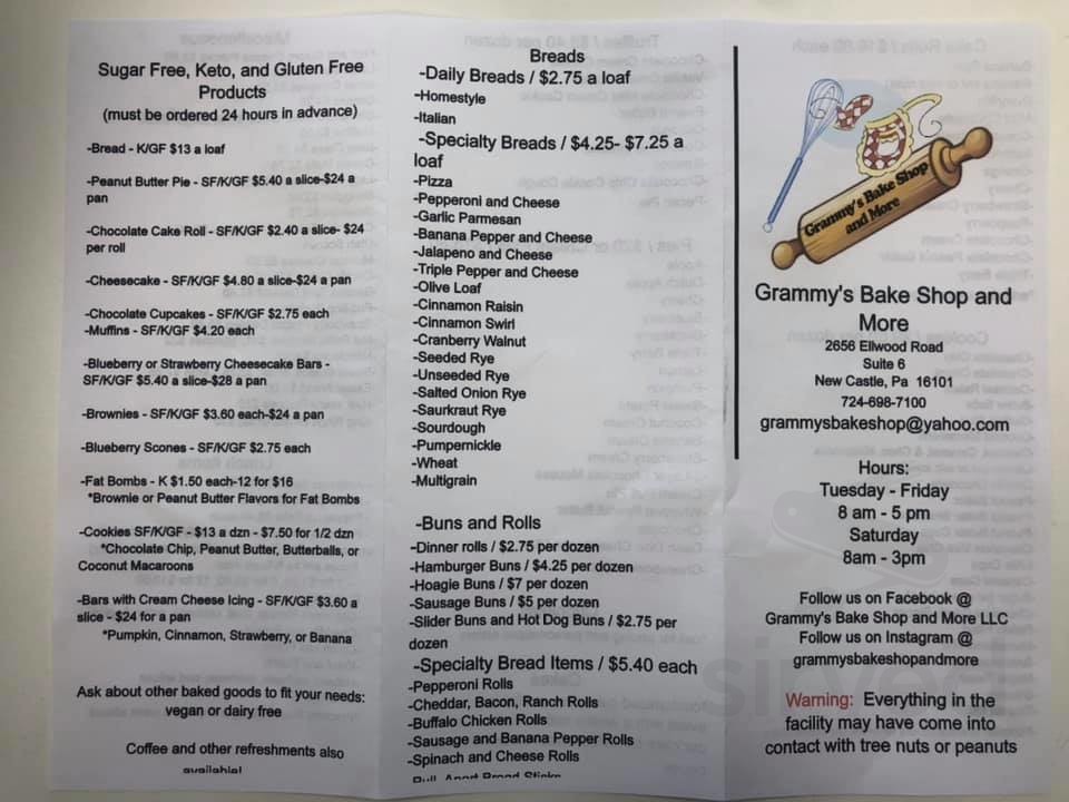 Grammy's Bake Shop menu in New Castle, Pennsylvania, USA
