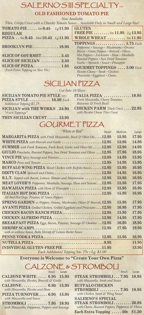 Salerno's Pizza III menu in Trenton, New Jersey, USA