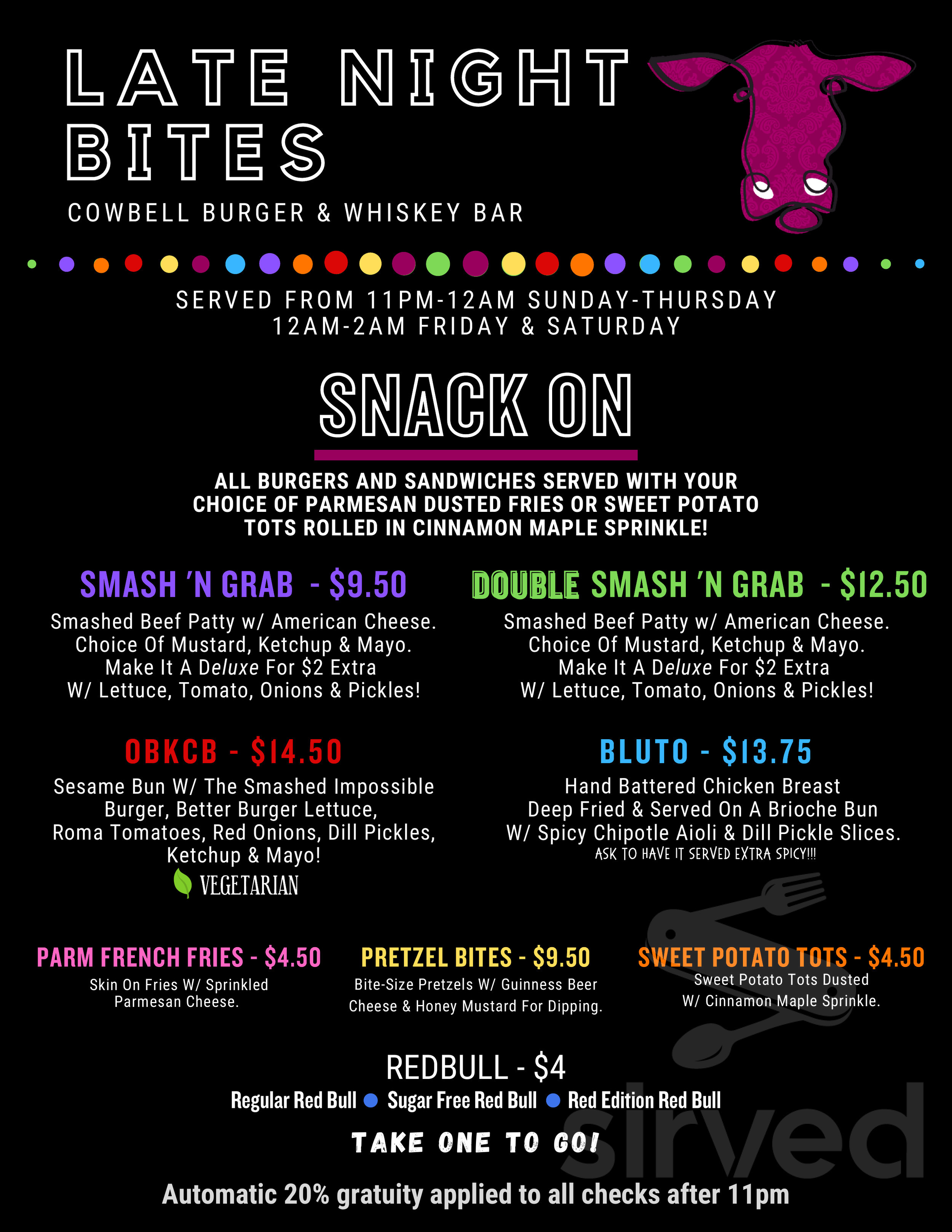 Cowbell Burger & Whiskey Bar menu in Charlotte, North Carolina, USA