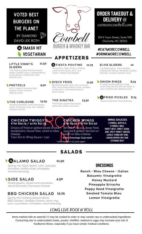 Cowbell Burger & Whiskey Bar menu in Charlotte, North Carolina, USA