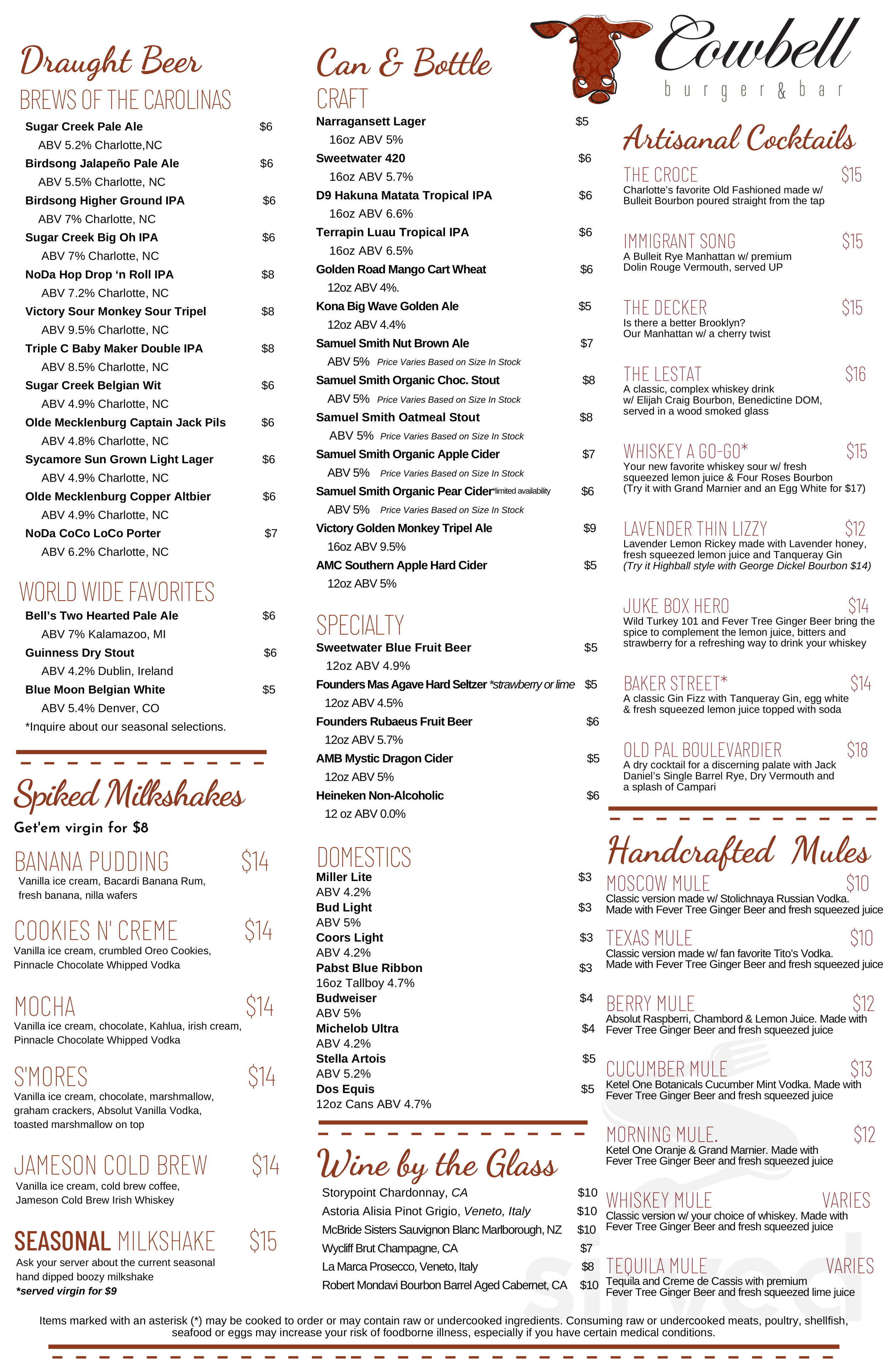 Cowbell Burger & Whiskey Bar menu in Charlotte, North Carolina, USA