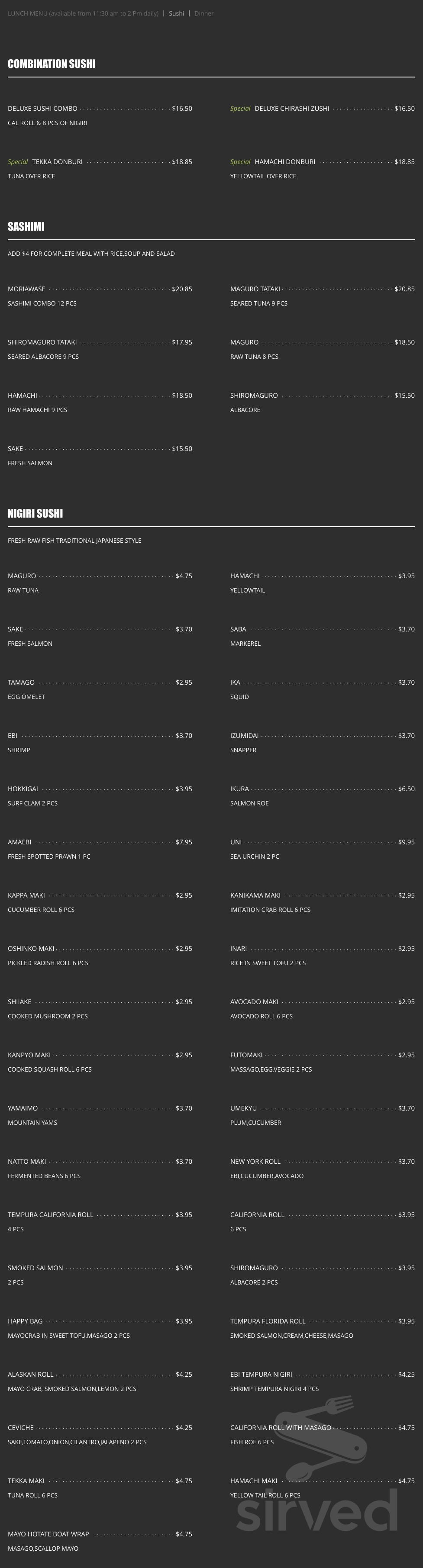 Kazoo Japanese Sushi Boat Restaurant menu in San Jose, California, USA